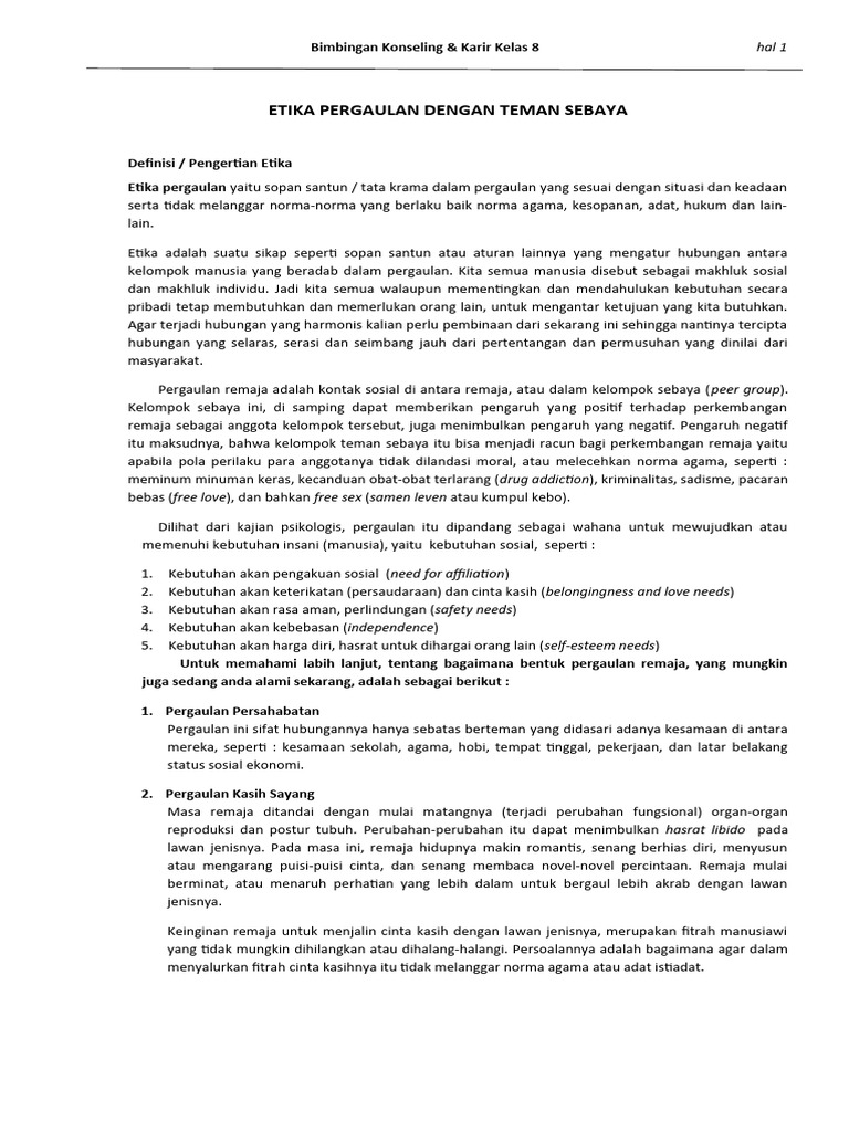 Etika Pergaulan Dengan Teman Sebaya - KLS 8 Ganjil | PDF