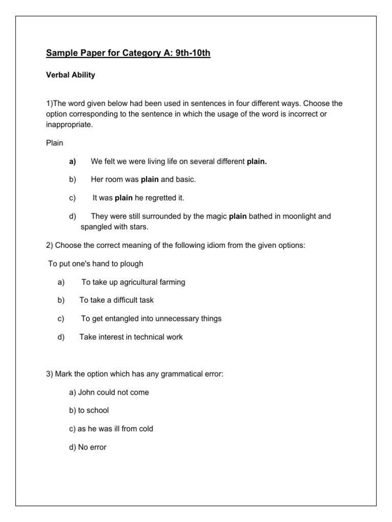 Sample Paper for Category A Exam | PDF