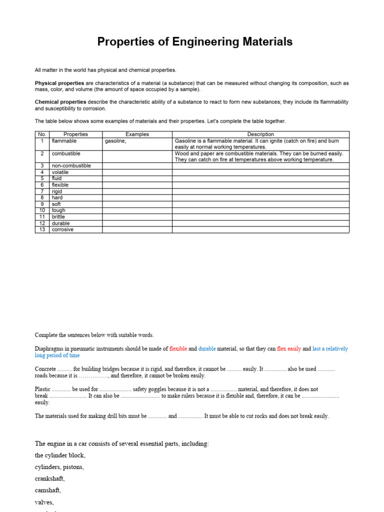 Properties of Materials - Worksheet | Download Free PDF | Internal ...