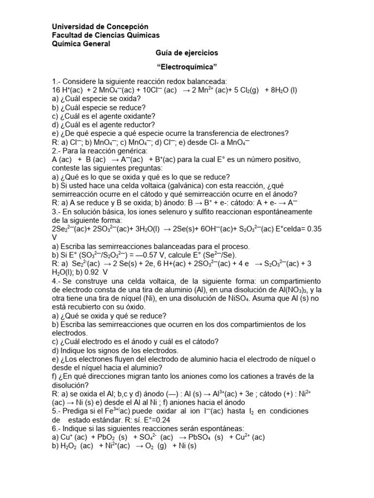 Guía Ejercicios Electroquímica | PDF | Redox | Electrodo