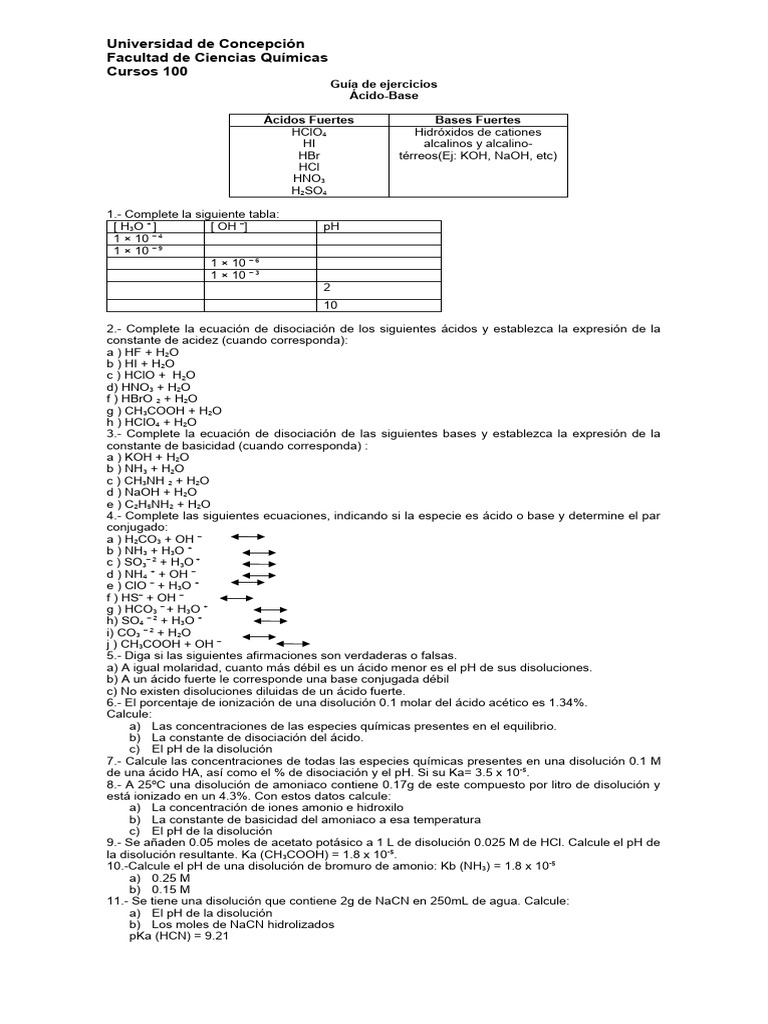 Guía de ejercicios Ácido-base | PDF | Ph | Ácido