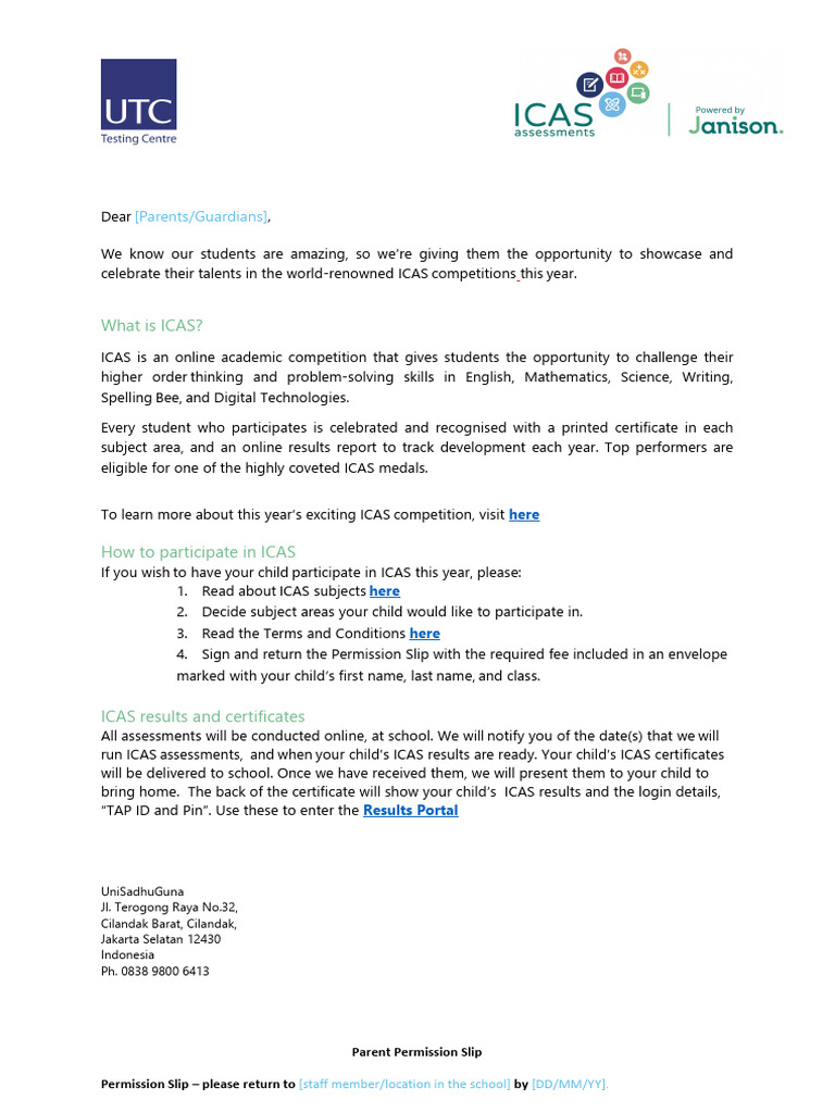 Parent Letter Icas Competition 2024 | PDF