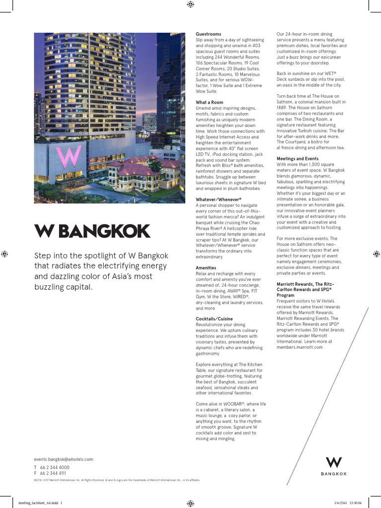 W Bangkok - Hotel - Factsheet - A4 | PDF | Restaurants | Cooking
