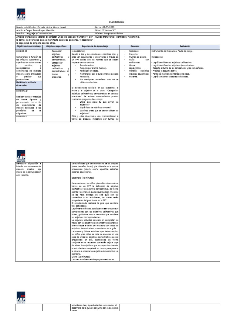 PlanificaciÃ N Clase Tercero Basico PAULA LISTO | PDF | Evaluación ...
