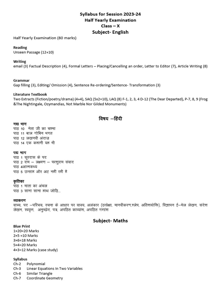 Class - 10 Syllabus For Half Yearly Examination 2023-24 | PDF | Equations