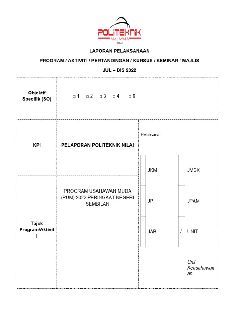 Laporan Program Usahawan Muda (PUM) 2022 Peringkat Negeri Sembilan | PDF