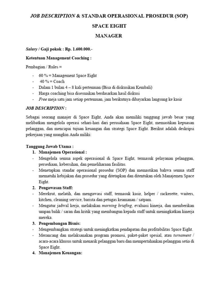 JD & Sop Manager Space Eight 06 Mei 2024 | PDF | Bisnis