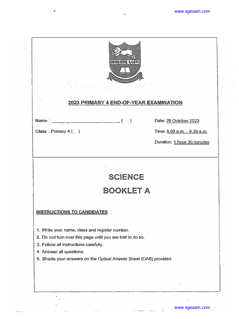 2023-P4-Science-End of Year Exam | PDF | Water | Mosquito