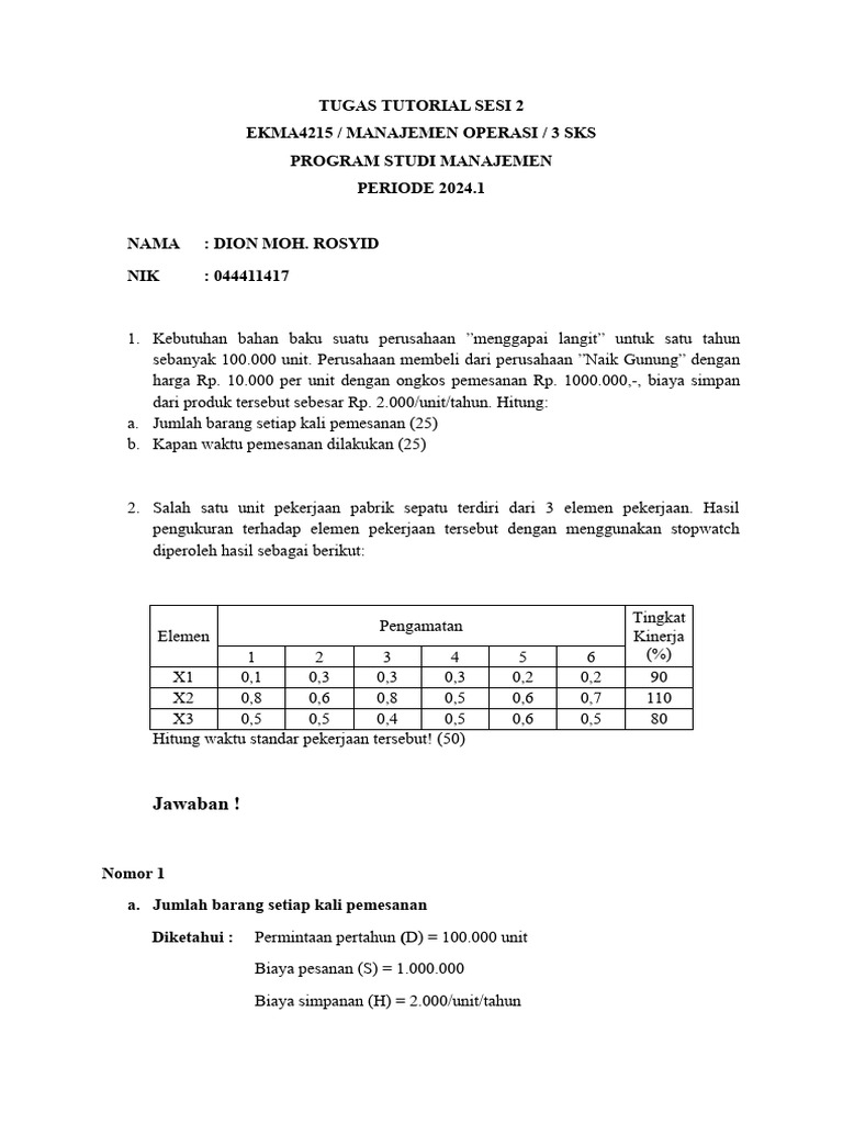 Tugas 2 Ekma4215 Manaj. Operasi | PDF | Metode & Bahan Ajar