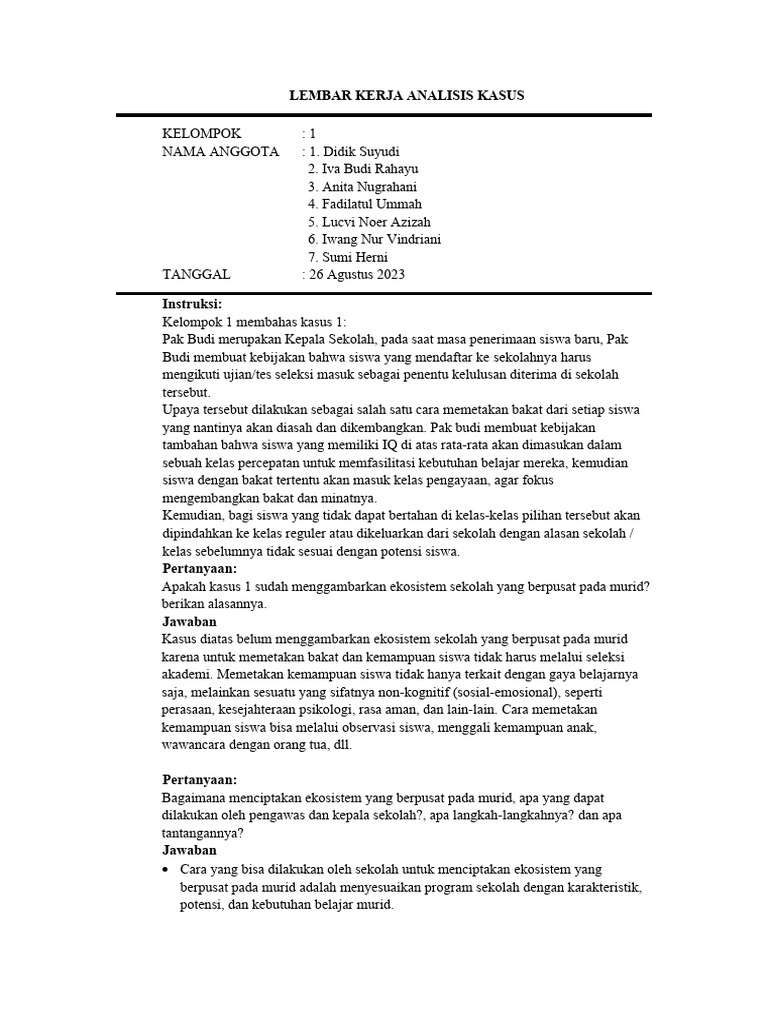 Lembar Kerja 2. Ruang Kolaborasi (Analisis Kasus) | PDF