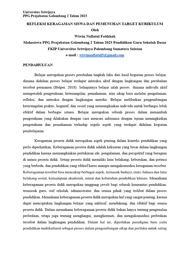 Uts PB Refleksi Keragaman Siswa Dan Pemenuhan Target Kurikulum Wiwin NF | PDF