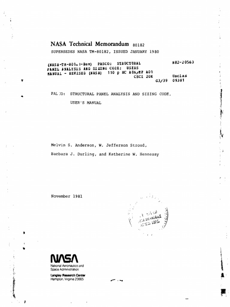 NASA-TM-80182 PASCO Structural Panel Analysis and Sizing Code User Mauual | PDF | Sequence ...