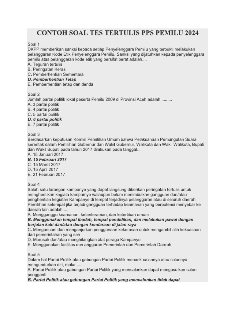 Contoh Soal Tes Tertulis Pps Pemilu 2024 | PDF