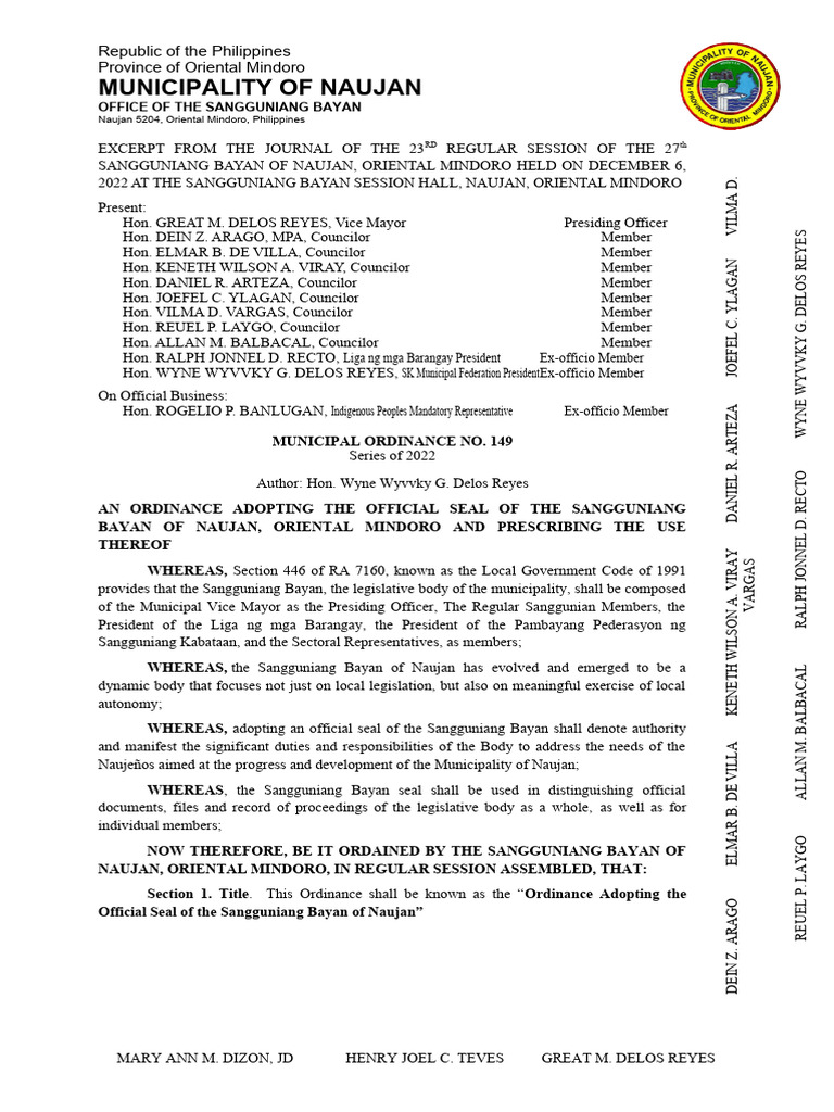 Municipal Ordinance No. 149, S. 2022 - Adoption of SB Seal | PDF ...