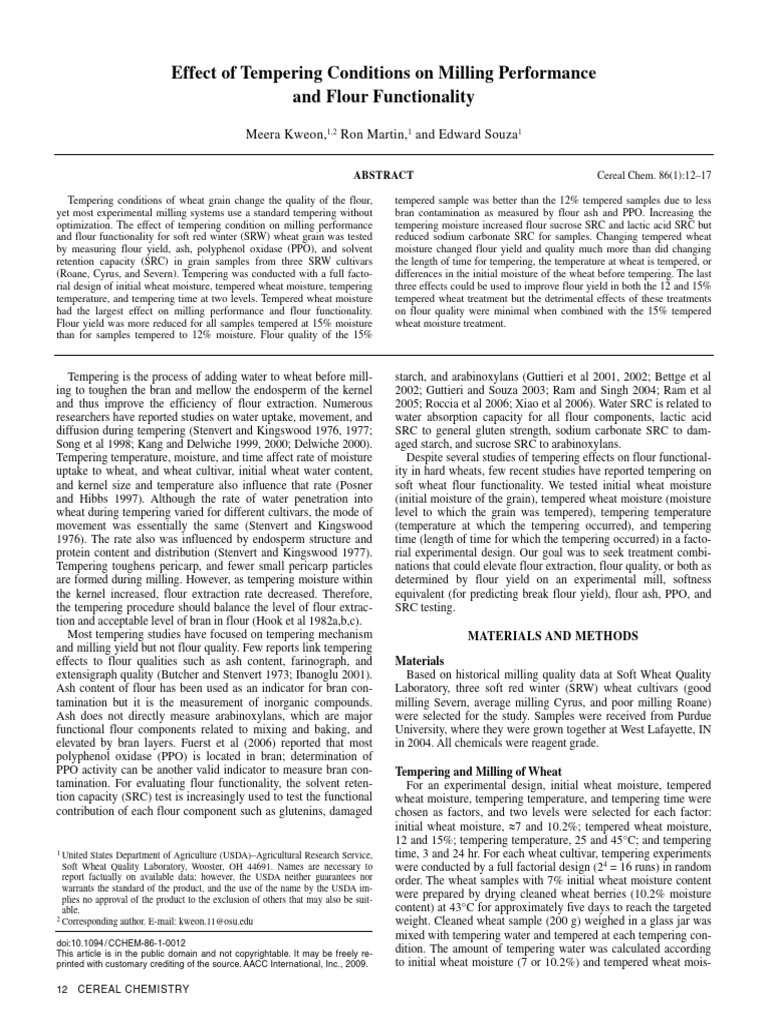 Effect of Tempering Conditions On Milling | PDF | Flour | Wheat