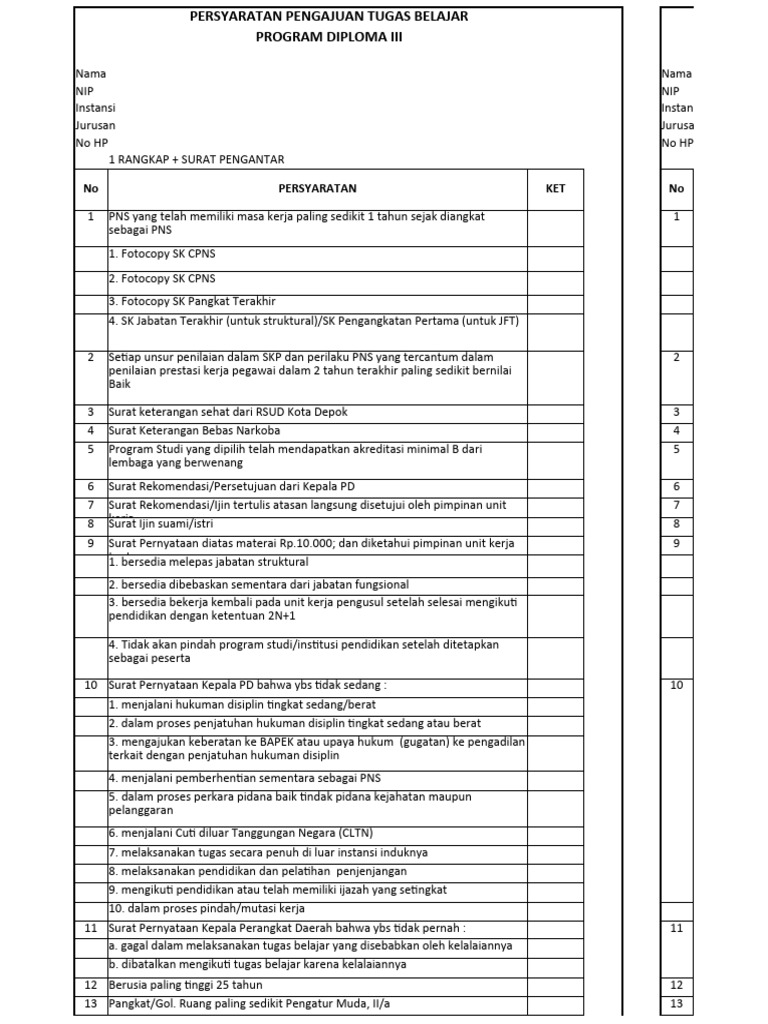Persyaratan Tugas Belajar DIII PNS | PDF