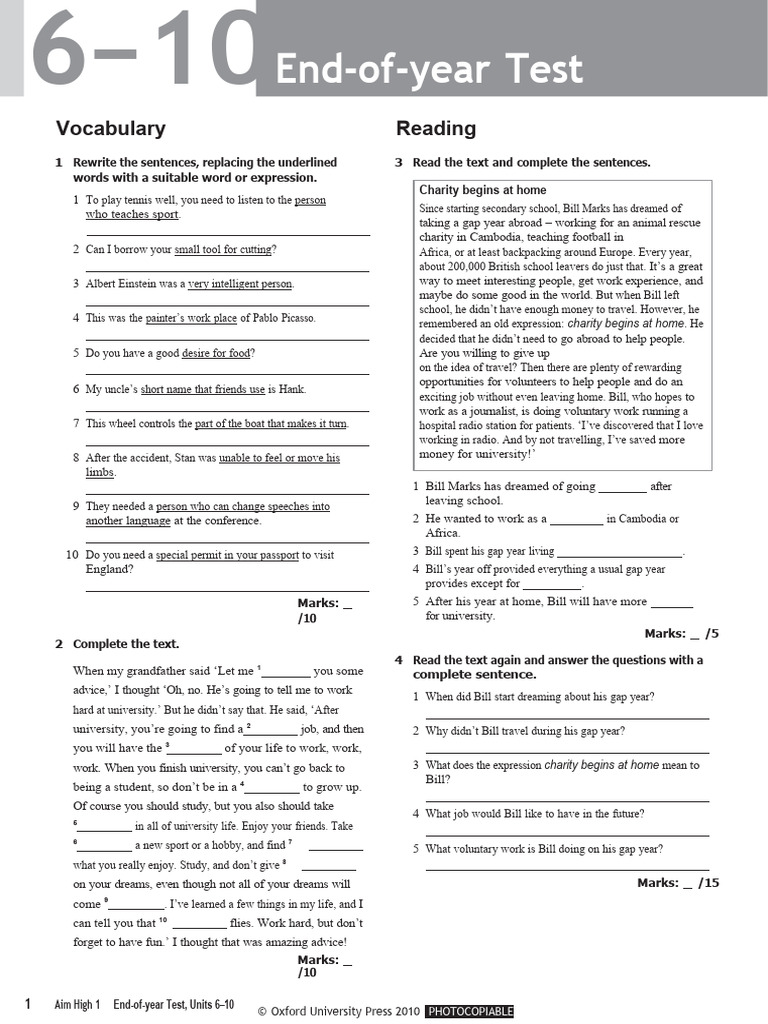 Aim High 1 End-Of-Year Test | PDF | Linguistics