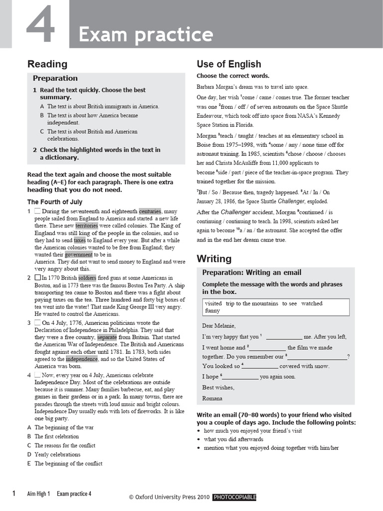 Aim High 1 Exam Practice 4 | PDF | Foreign Language Studies