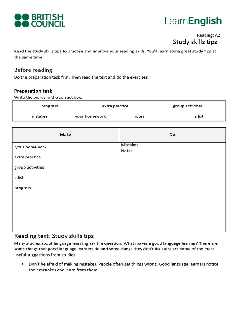 Learn English Reading A2 Studyskillstips | PDF | Learning | Study Skills