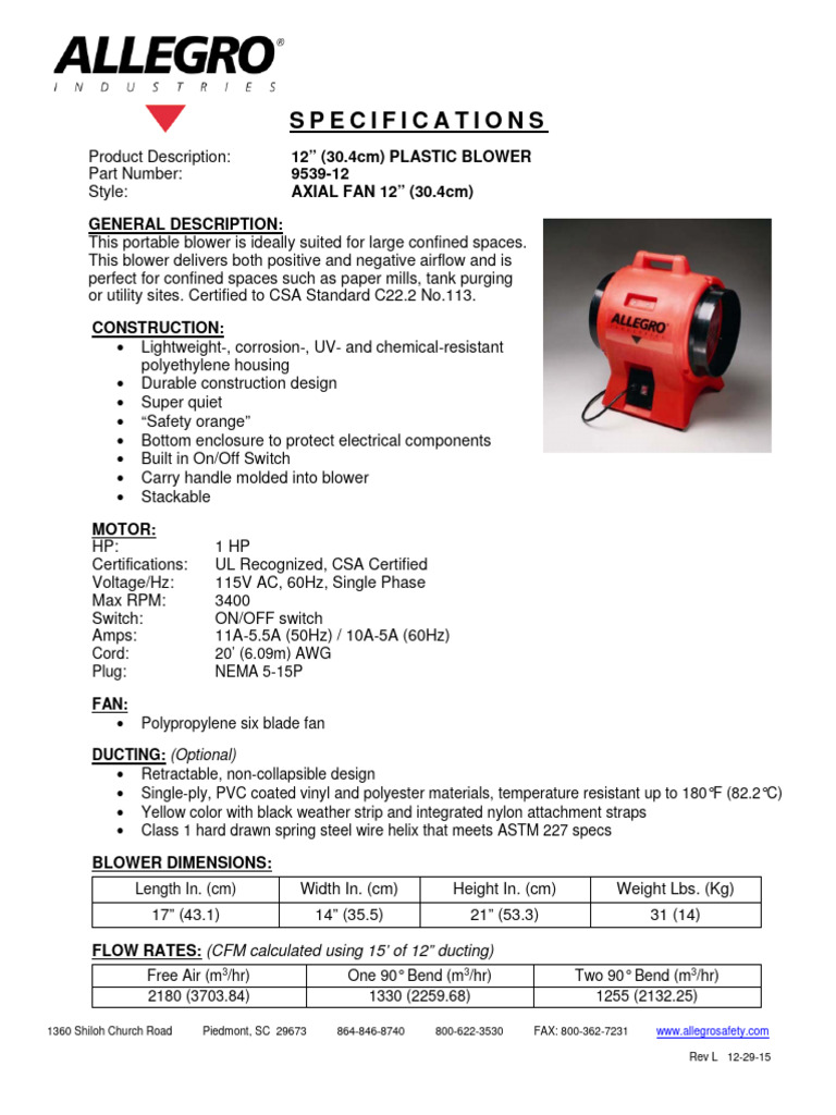 12" Portable Axial Blower Specifications | PDF