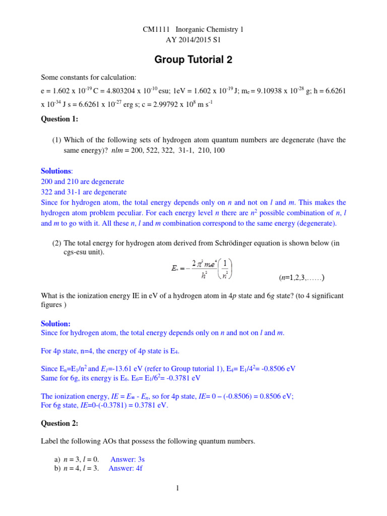 CM1111_Group Tutorial_2_ Solutions | PDF | Electron Configuration ...