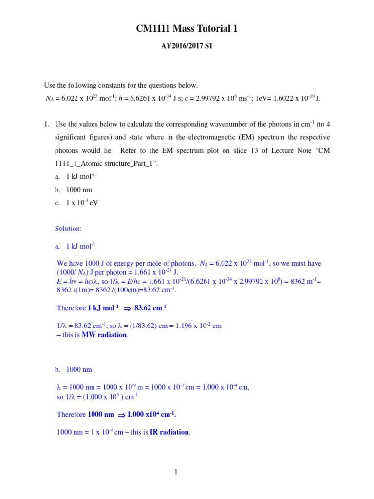 CM1111 - Mass Tutorial - 1 - Solution | PDF | Electronvolt | Physical ...