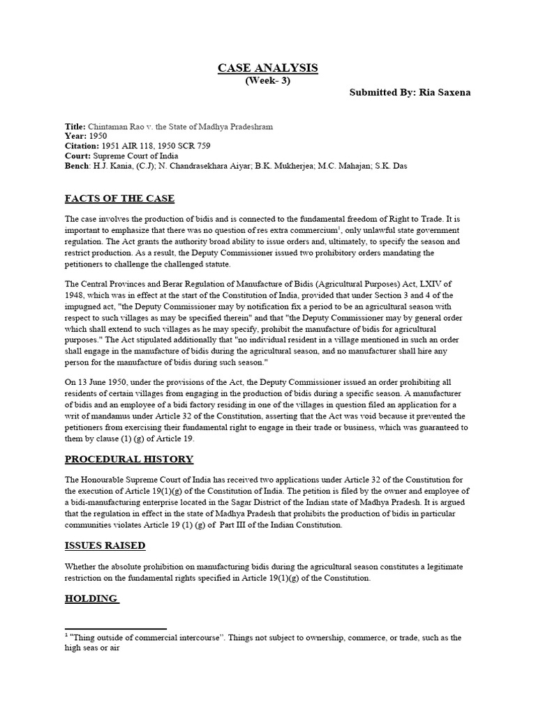 Chintaman Rao v. The State of Madhya Pradeshram | PDF | Constitution ...