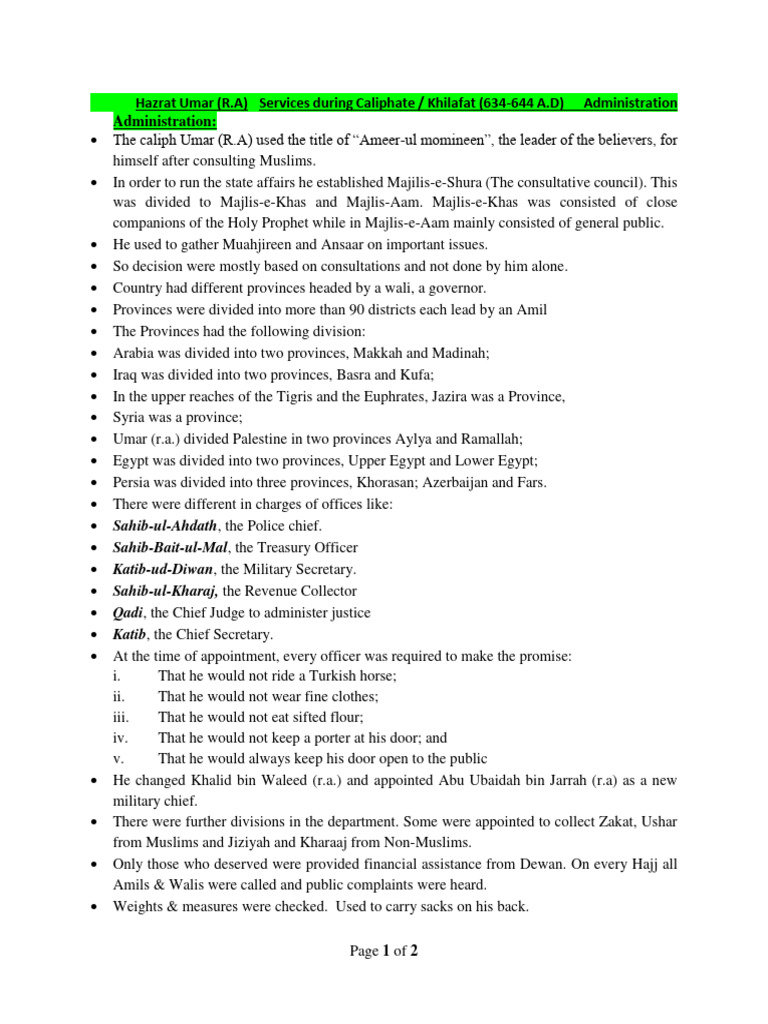 IX C Hazrat UMAR (R.A) As A Rightly Guided Caliph Paper 2 Q 3 | PDF ...