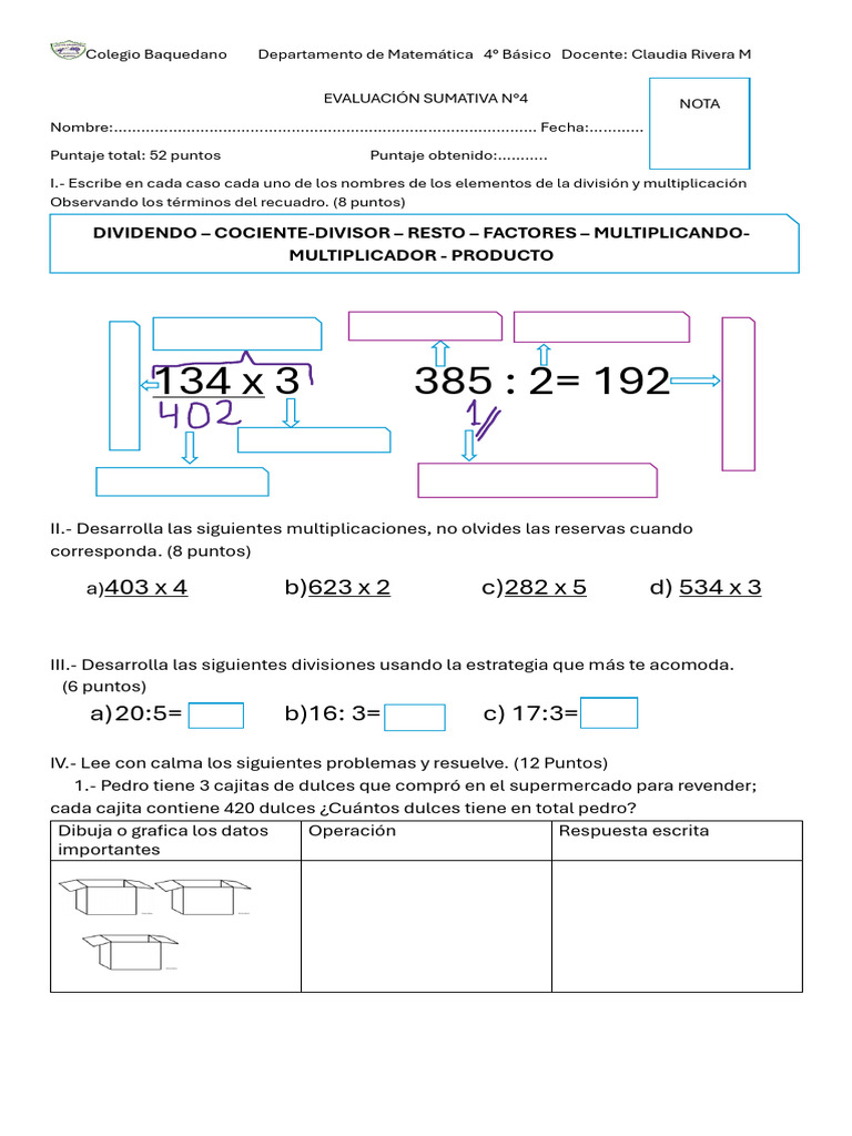 4° B EVALUACIÓN Matem | PDF | Matemáticas