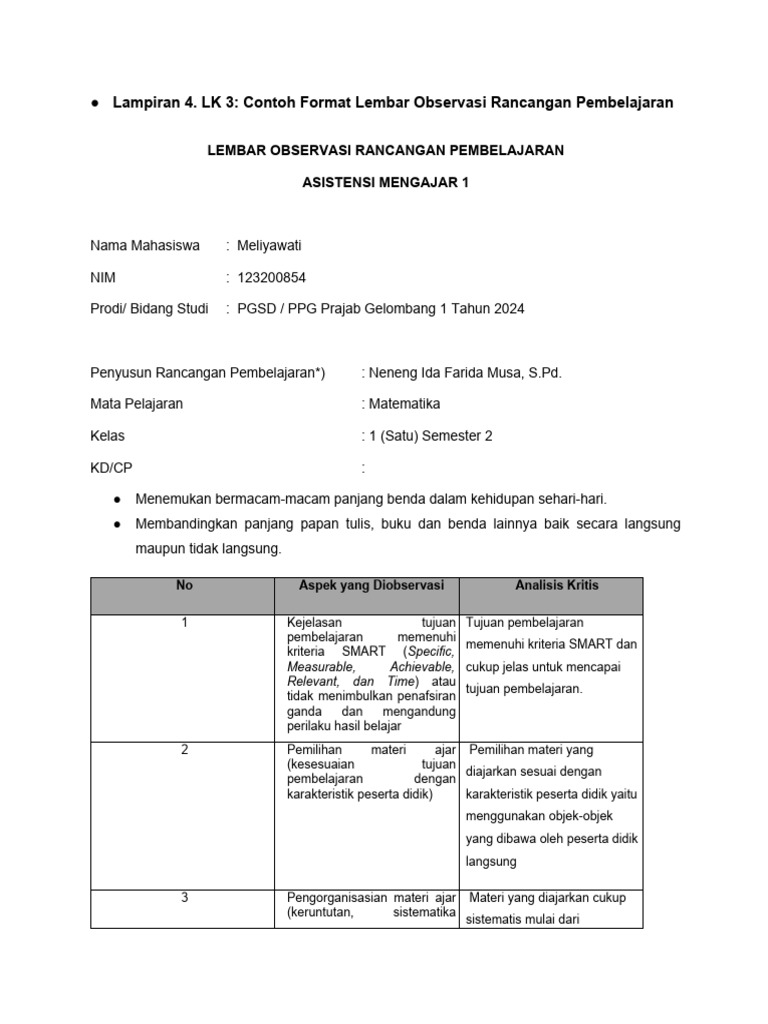 (Asistensi Mengajar 1) Lampiran 4. LK 3 Contoh Format Lembar Observasi Rancangan Pembelajaran ...