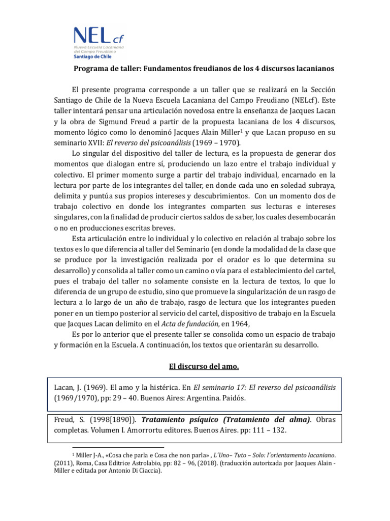 Programa Taller NELcf Santiago de Chile | PDF | Jacques Lacan | Psicoanálisis