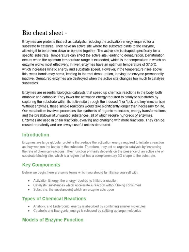 Bio Cheat Sheet | PDF | Enzyme | Enzyme Inhibitor