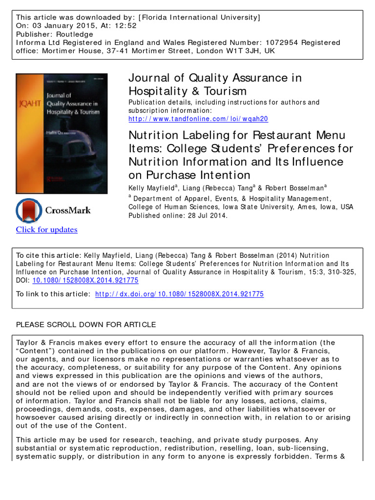 Journal of Quality Assurance in Hospitality & Tourism: Click For ...