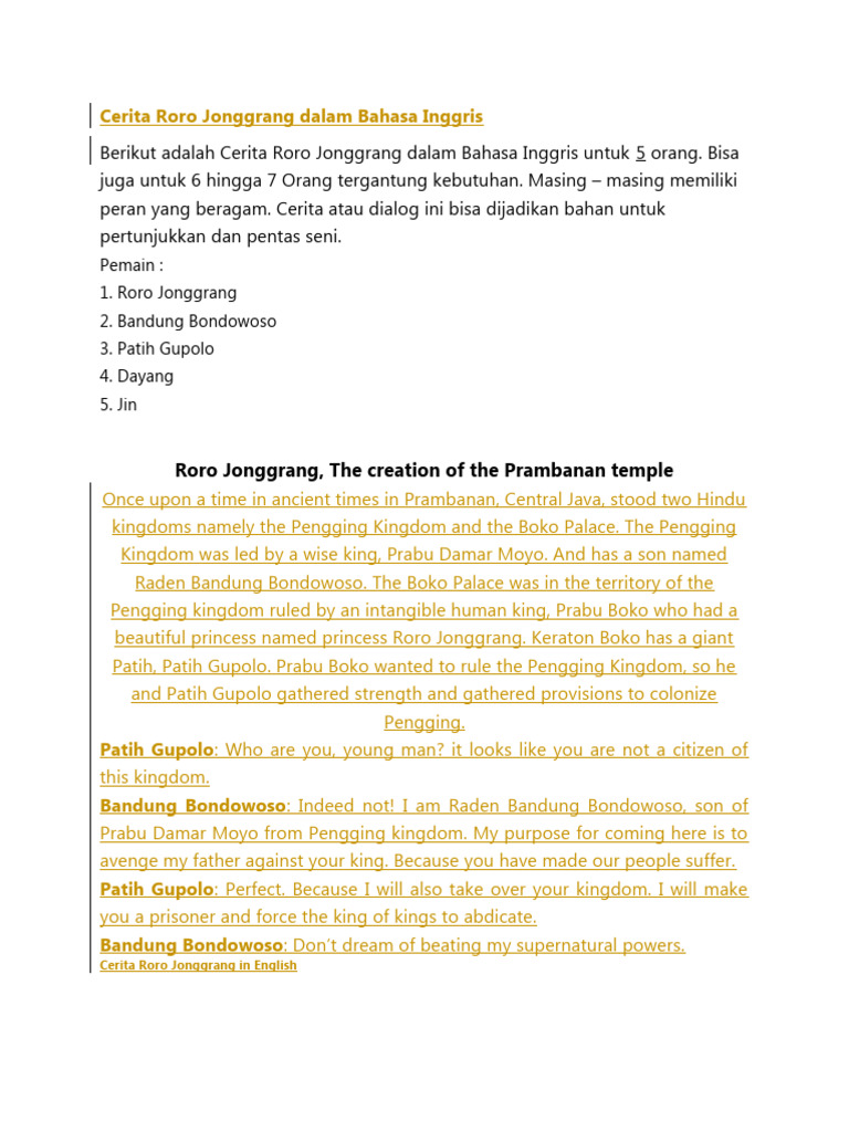 Cerita Roro Jonggrang dalam Bahasa Inggris | PDF