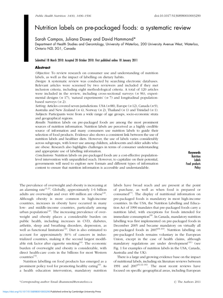 Nutrition Labels On Pre Packaged Foods A Systematic Review | PDF ...
