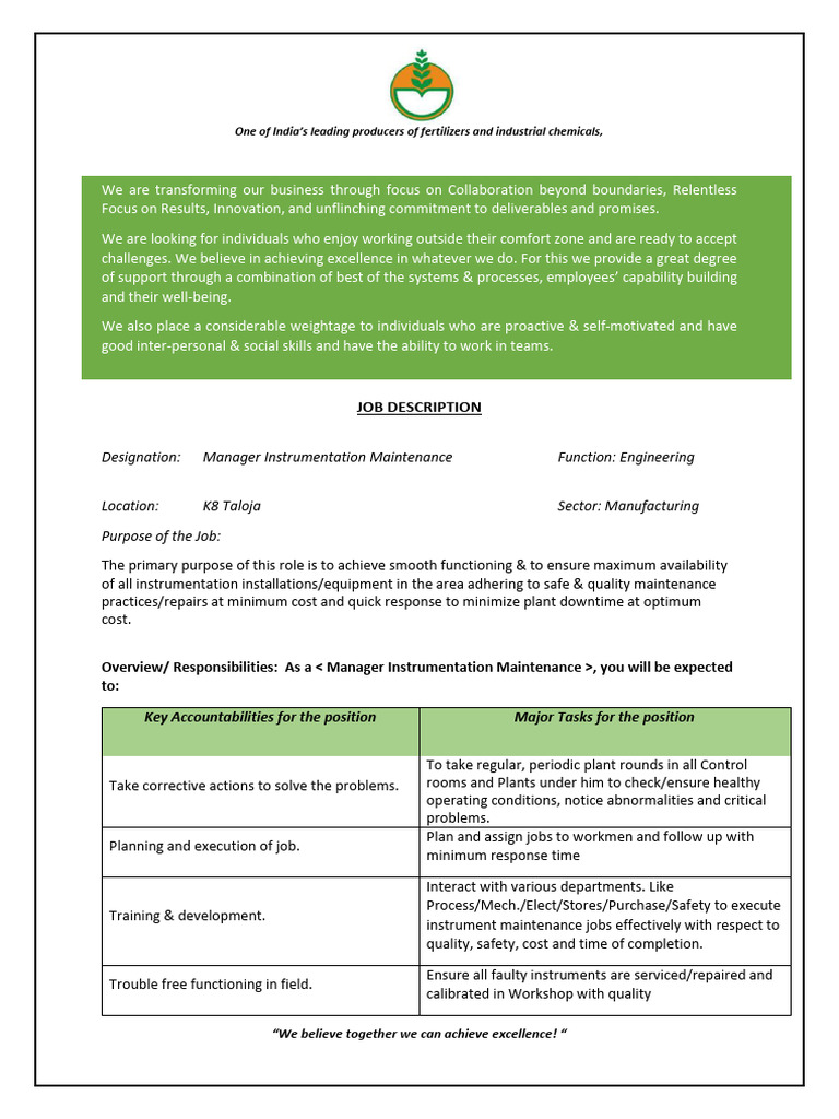 JD Maintenance Engineer Instrumentation | PDF | Instrumentation | Business