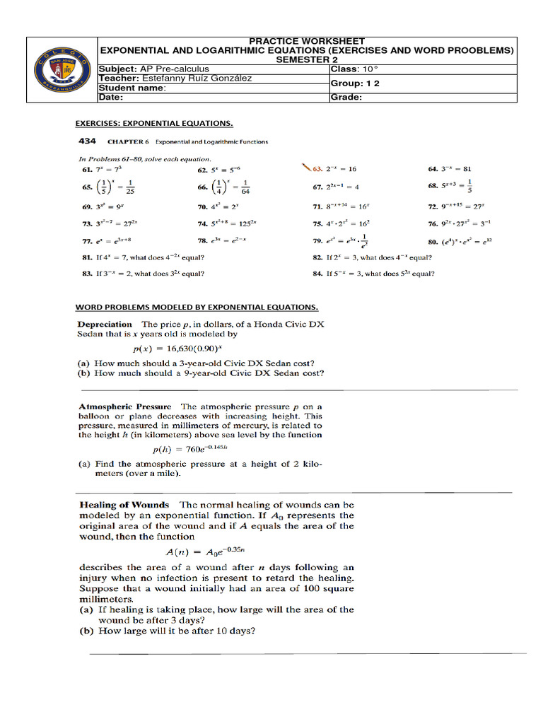 Practice Worksheet Exponential-Logarithmics Equations (Exercises and ...