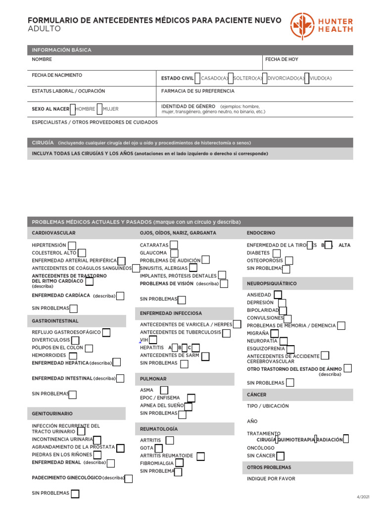 Adult-Health-History-Form_Spanish_Digital | PDF | Sistema urinario | El ...