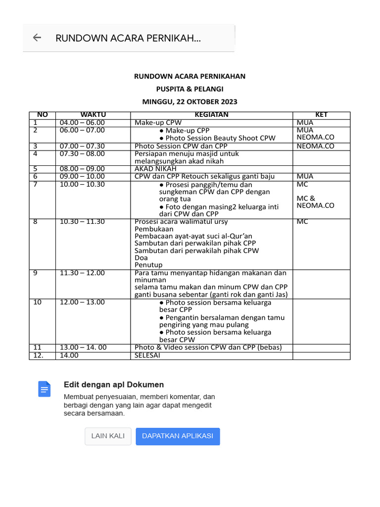Rundown Acara Pernikahan | PDF