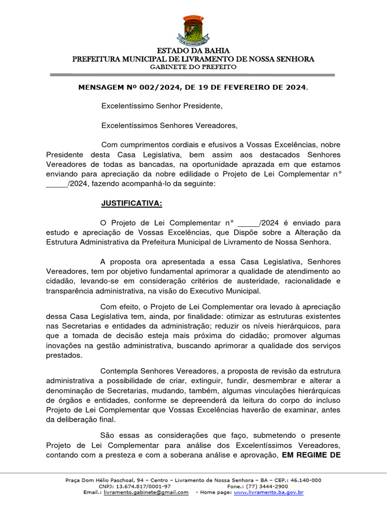 PROJETO DE LEI Complementar N° 02.2024 ESTRUTURA ADMINISTRATIVA 2024 | PDF