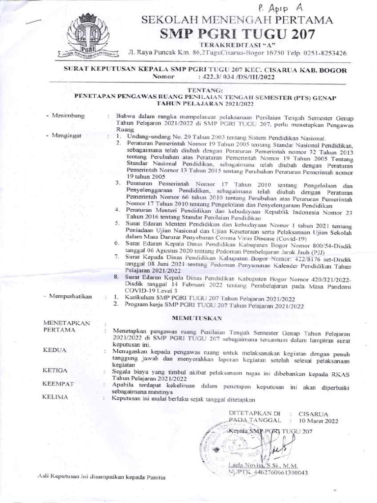 Pengawas PTS Genap 2021-2022 | PDF