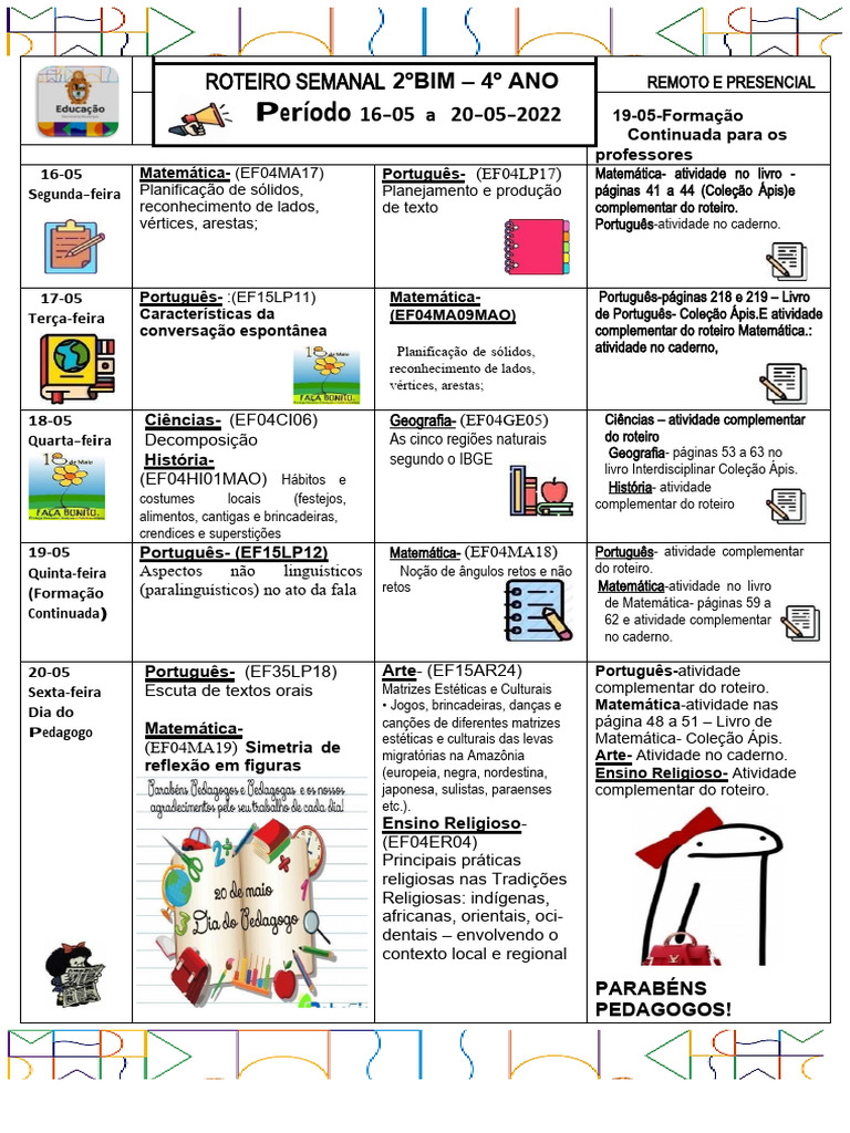4 º Ano - Roteiro de Aulas - Marcya Filizola- 16-05 a 20-05 | PDF ...