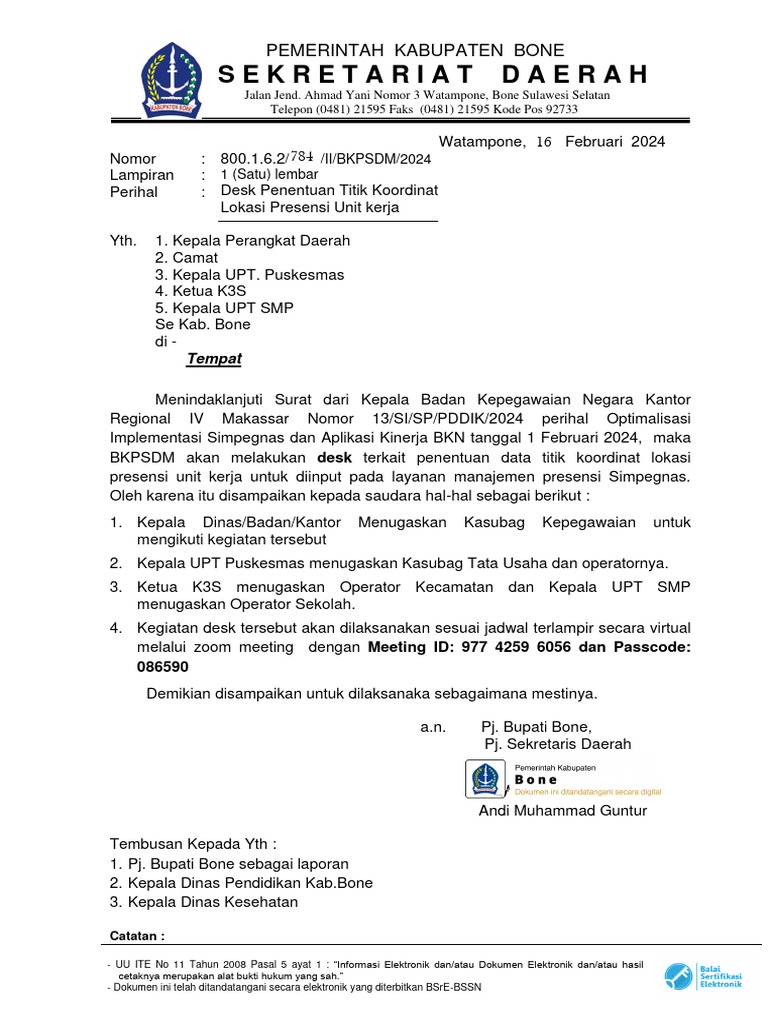 Surat Desk Penentuan Titik Koordinat Presensi | PDF