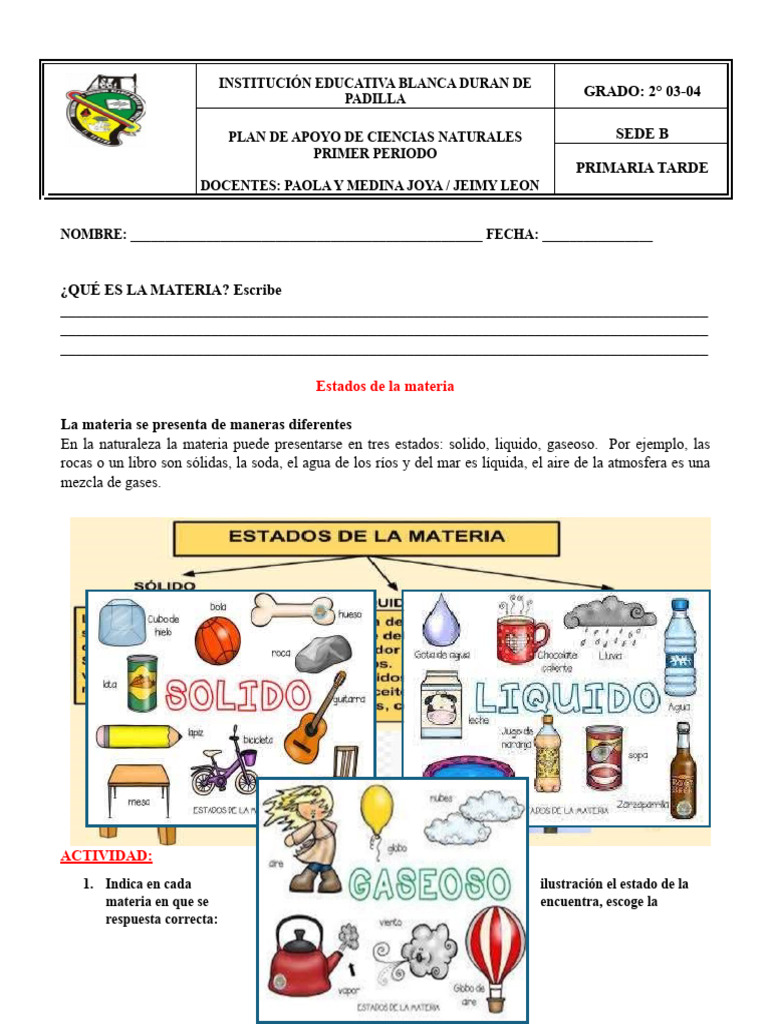 Plan de Apoyo de Ciencias Naturales Primer Periodo | PDF