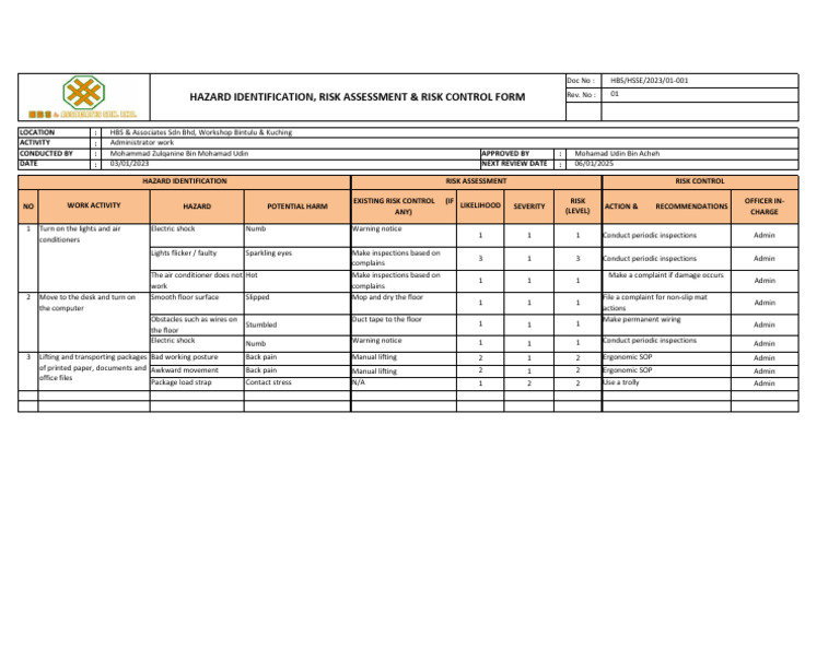 HIRARC Hbs Admin01 052024 | PDF | Safety | Occupational Safety And Health