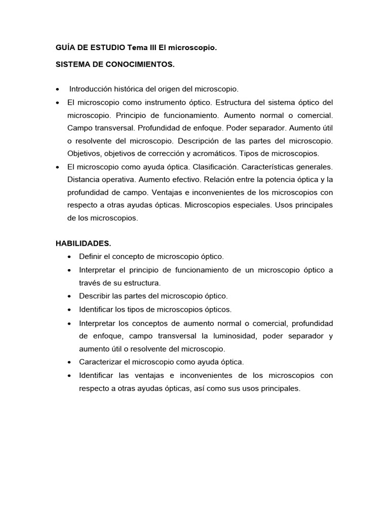 GUÍA DE ESTUDIO Tema III El Microscopio | PDF | Óptica | Percepción visual