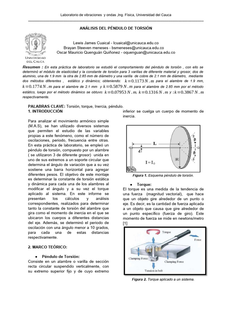 Informe Péndulo de Torsión. - Lab Vibraciones y Ondas | PDF | Esfuerzo ...