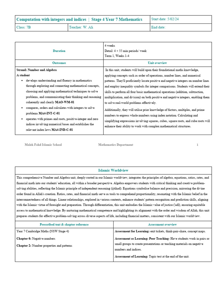 2024 Year 7 Mathematics Integers and Indices | PDF | Numbers | Mathematics