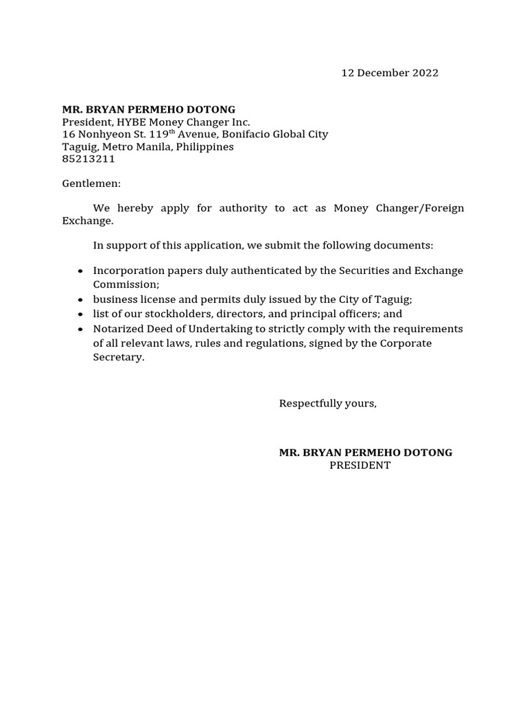 BSP KYC Application for Money Changer | PDF