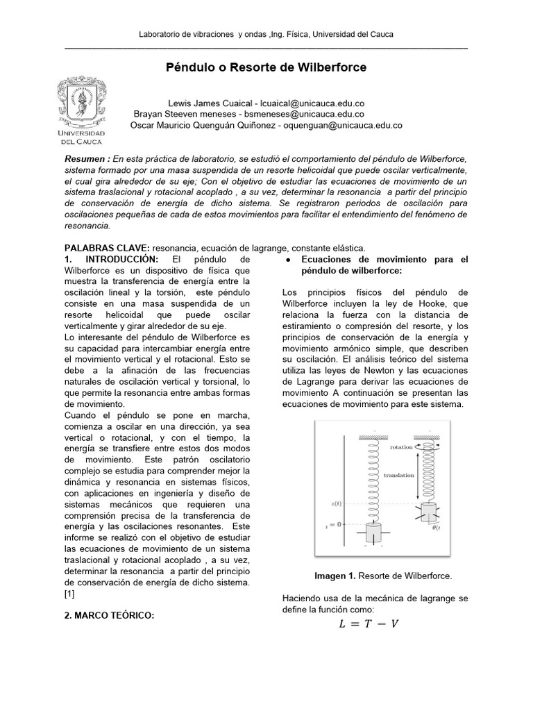 Laboratorio - Péndulo o Resorte de Wilberforce | PDF | Oscilación | Resonancia